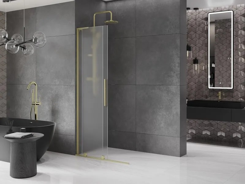 Mexen Velar L, posuvná sprchová zástěna Walk-in 100 x 200 cm, 8mm sklo námraza, zlatá matná, 871-100-003-33-55