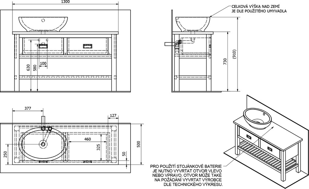 SAPHO BRAND retro umyvadlová skříňka 130x73x50cm, mořený smrk BA131S