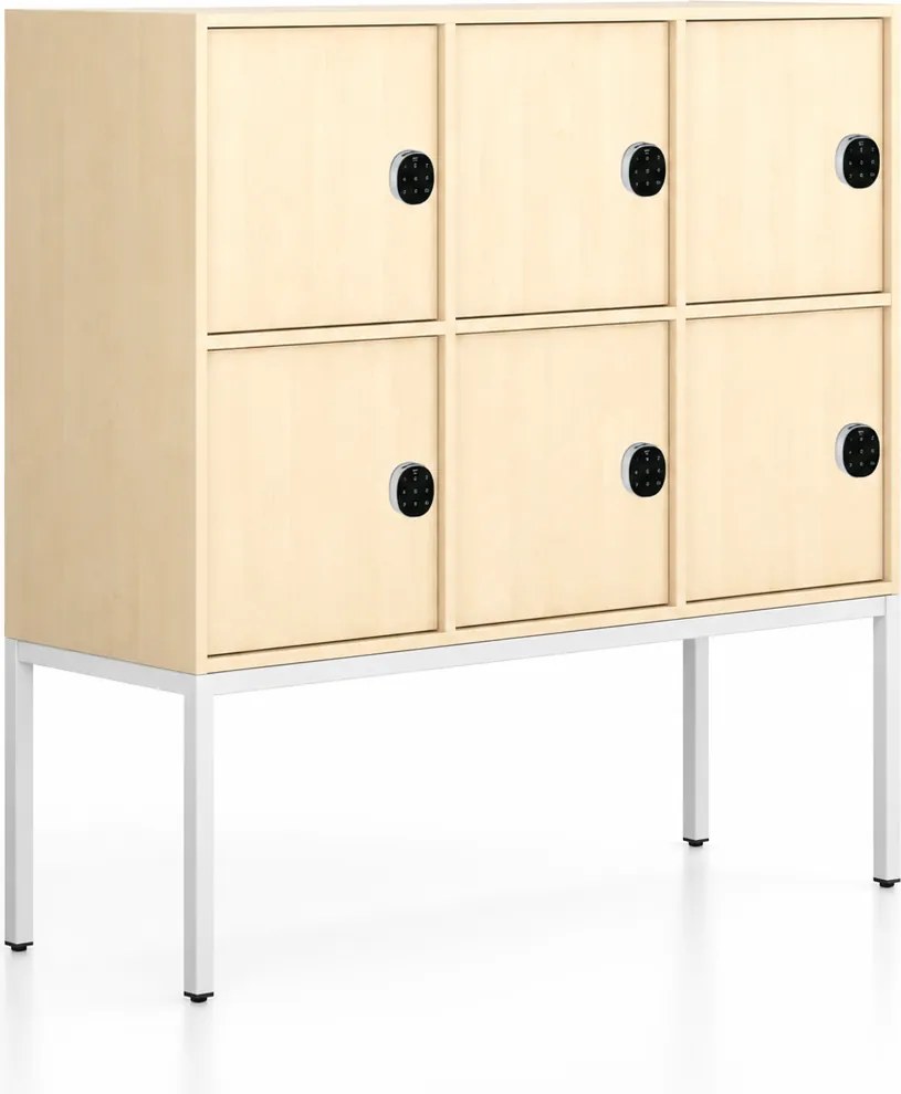 Kancelářská skříň FRAME, nízká, bílá podnož, 6x dveře, 1299 x 450 x 1331 mm, kódový zámek, bříza