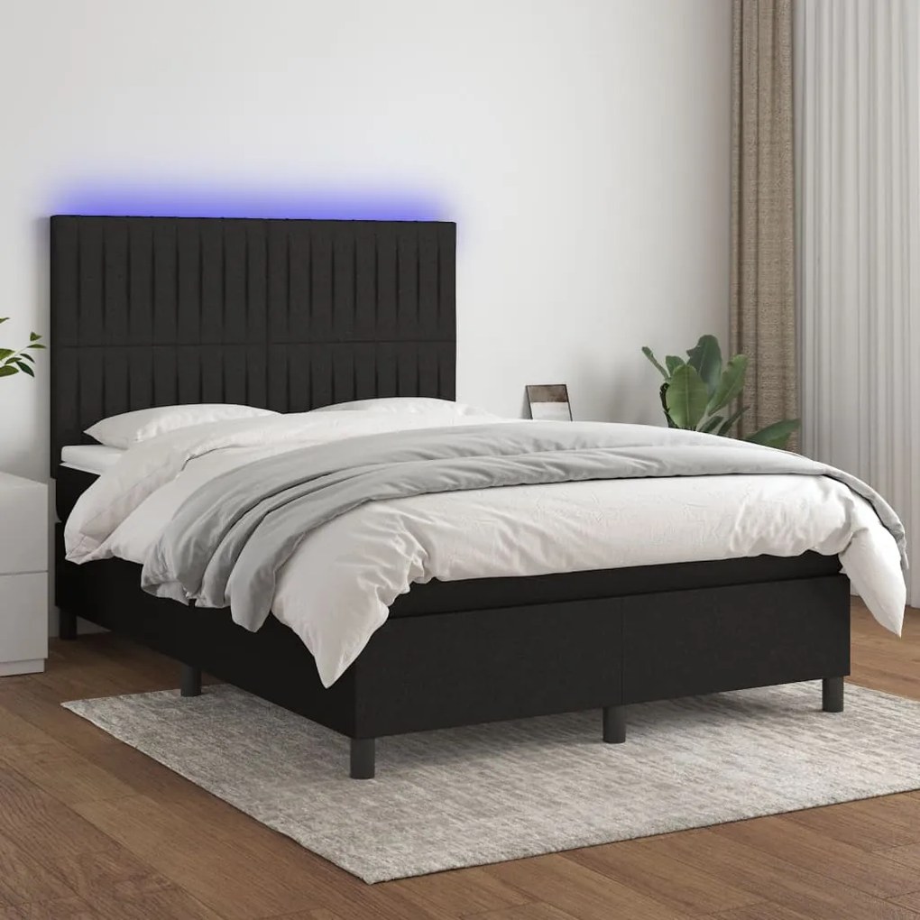 Box spring postel s matrací a LED černá 140x200 cm textil 3135039