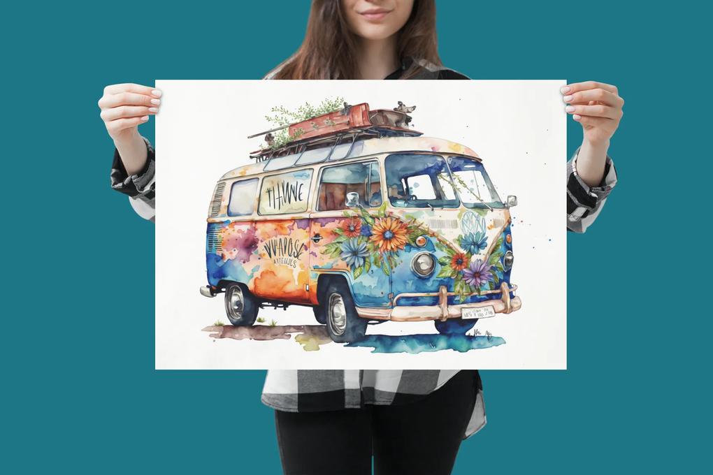 Plakát - Hippie dodávka, vanlife, akvarel FeelHappy.cz Velikost plakátu: A2 (42 x 59,7 cm)