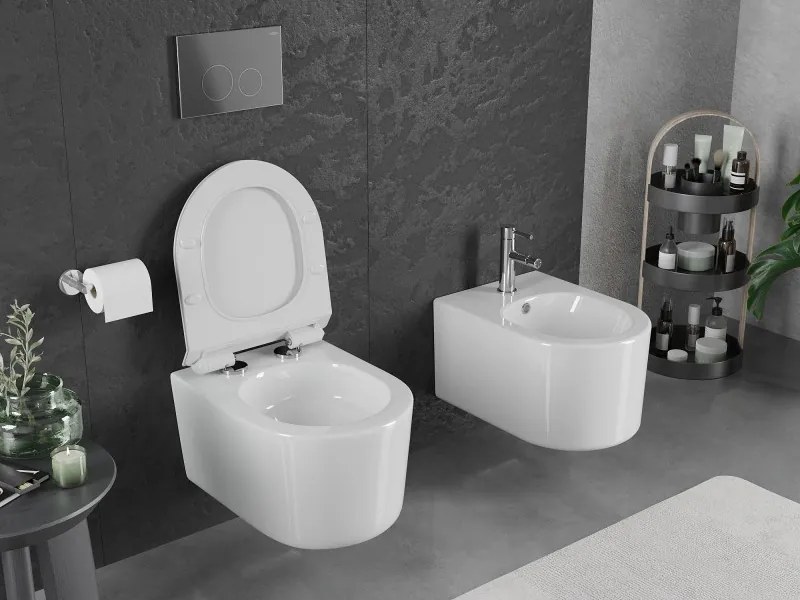 Mexen Sofia, závěsná WC mísa 490x360x355 mm, Rimless Tornádo + WC sedátko z duroplastu, bílá lesklá, 30540100T