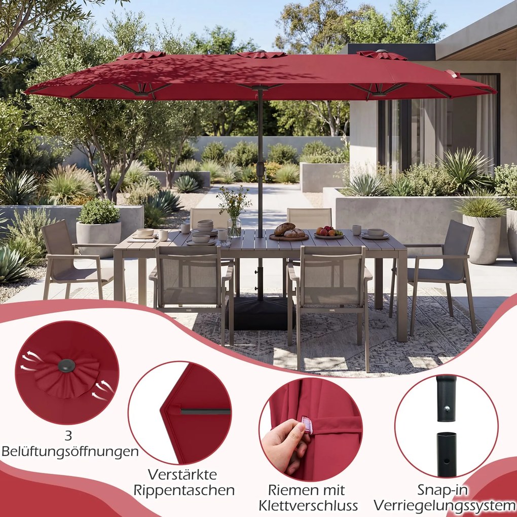 Costway Dvojitý slunečník se stojanem UPF 50+ vínově – 400 × 200 cm