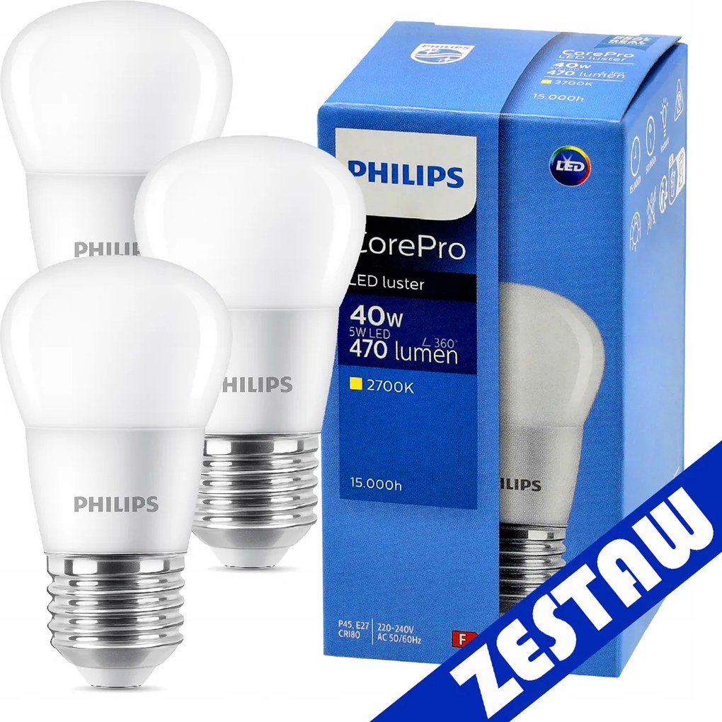 SADA 3x LED žárovka Philips E27 5W 470lm 2700K EyeComfort CorePro P45