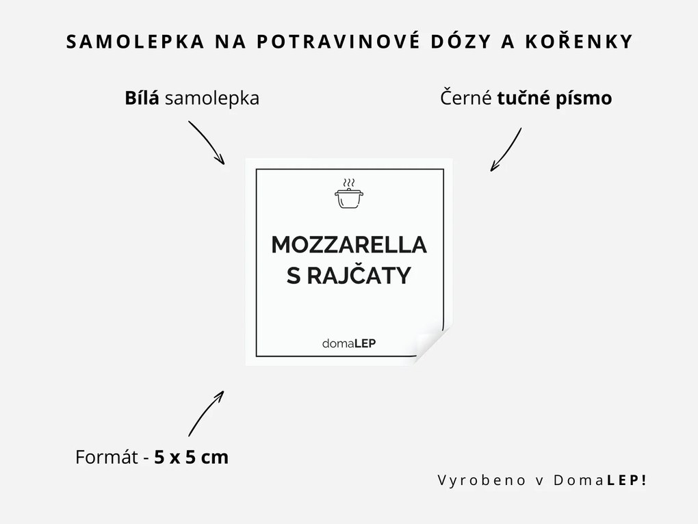 MOZZARELLA S RAJČATY - omyvatelná samolepka na kořenky, výběr rozměrů Ø 5 cm / 5 x 5 cm / 6 x 8 cm | DomaLEP tvar: KOLEČKO, barva: BÍLÁ - ČERNÉ písmo, velikost: Ø 5 cm - základní písmo