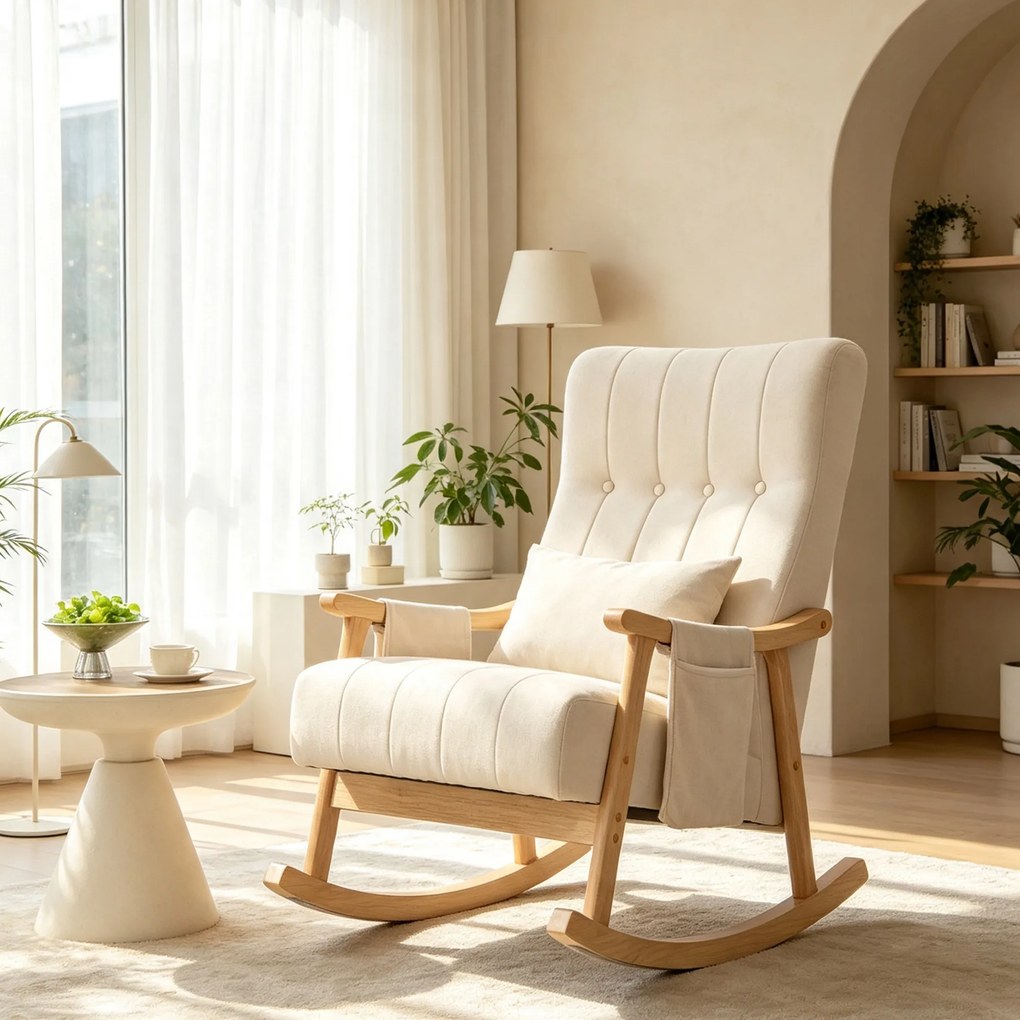 HOMCOM houpací křeslo čalouněné houpací křeslo s bederním polštářem boční kapsa relaxační křeslo dřevěný rám lněný vzhled pro obývací pokoj ložnice b…