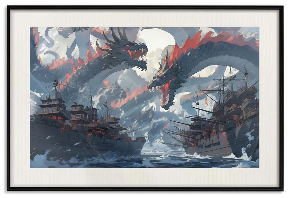Plakát Příšery a lodě - draci a válečné lodě během námořní bitvy