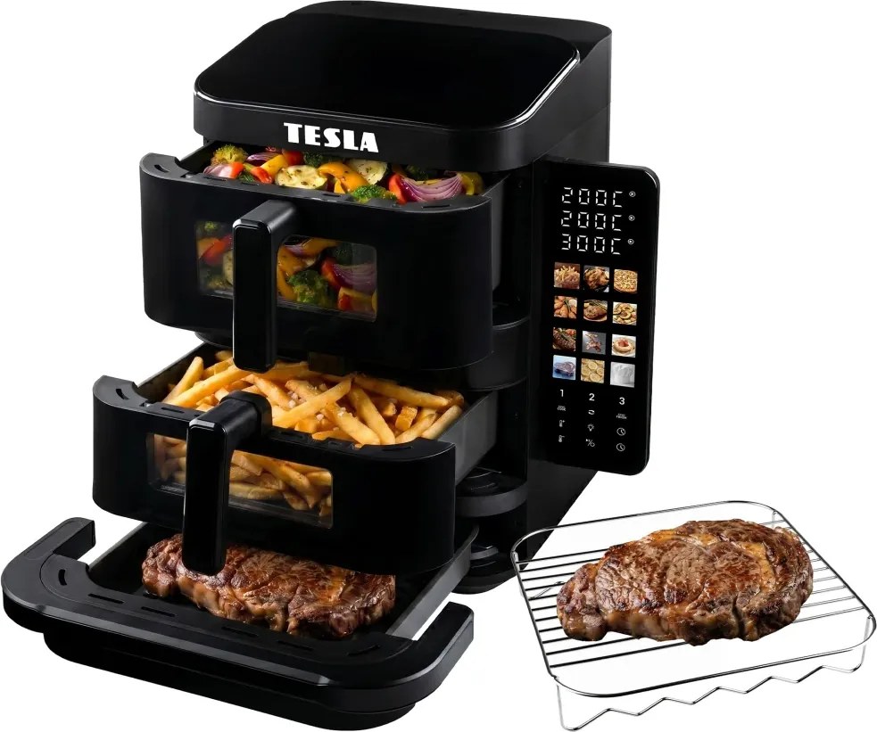 TESLA AirCook TrioZone Q636 XXL - multifunkční třízónová digitální horkovzdušná fritéza