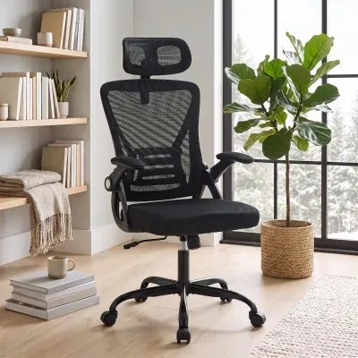 HOMCOM ergonomická kancelářská židle se sklápěcími opěrkami rukou, nastavitelnou opěrkou hlavy a výškou sedáku, prodyšná síťovina, černá