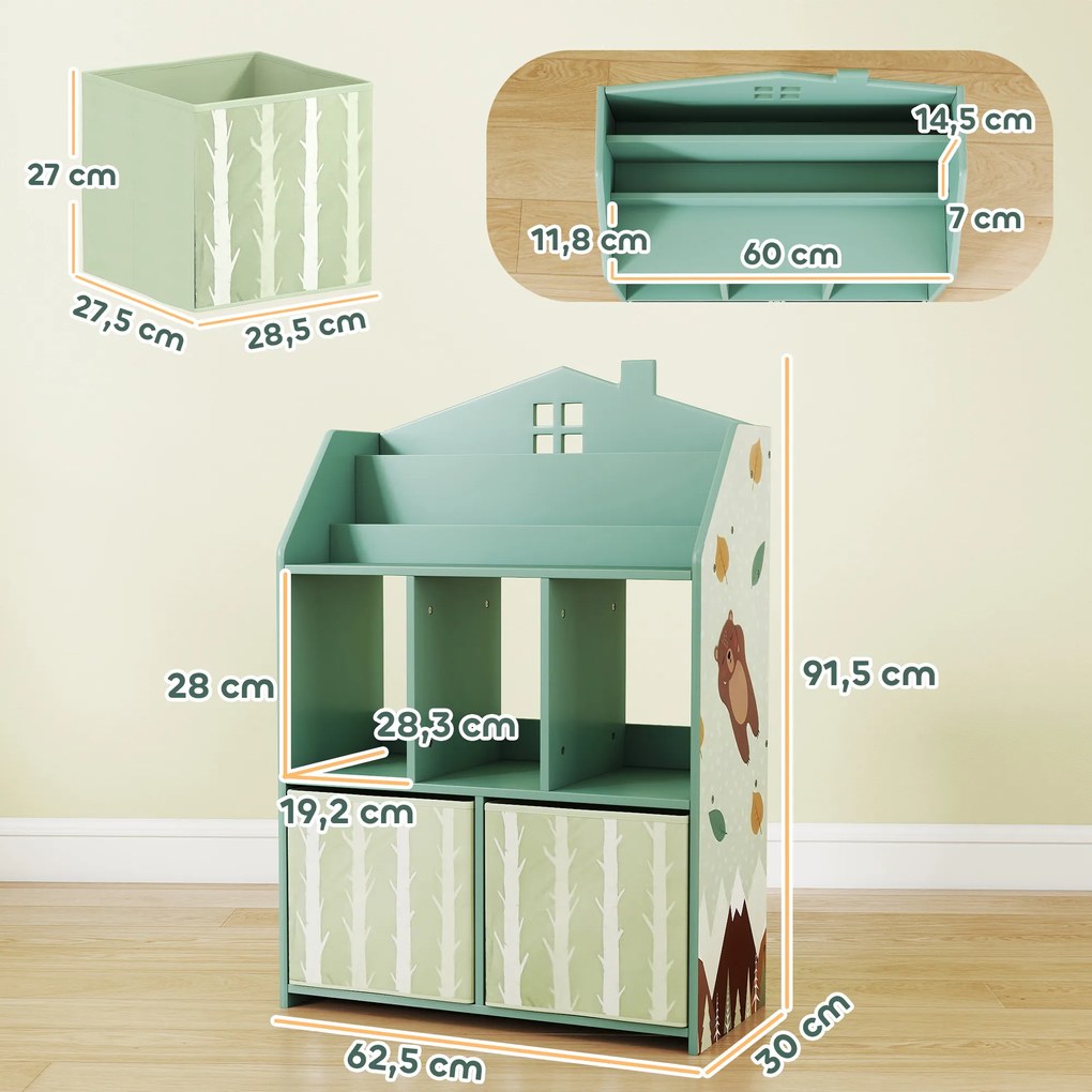 Dětský regál Dětský regál se 2 látkovými zásuvkami otevřený Regál pro 3-8 let 62,5x30x91,5 cm Zelený