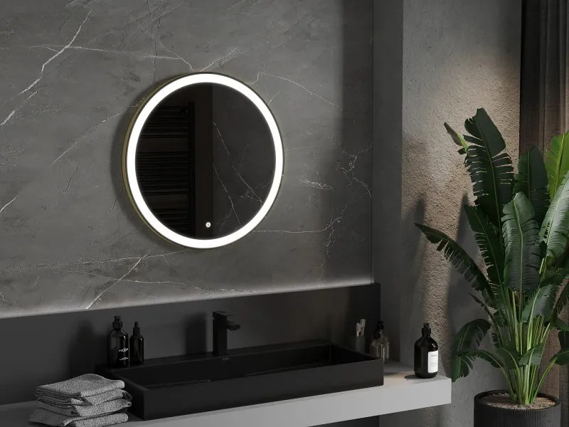 Mexen Esso, kulaté LED podsvícené koupelnové zrcadlo 70 cm, 6000K, topná podložka proti zamlžování, zlatý rám, 9825-070-070-611-50