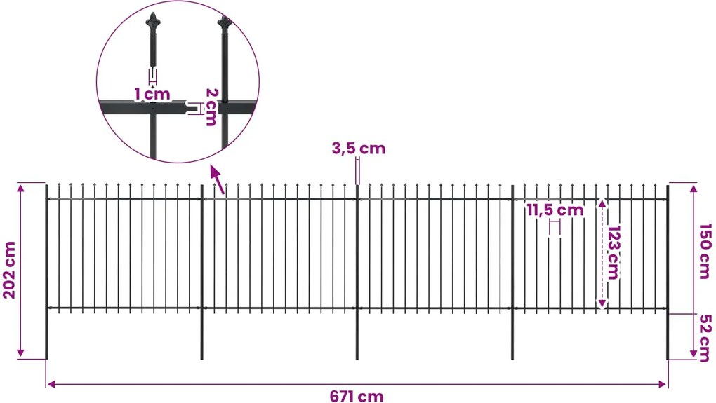 Zahradní plot s kopím nahoře ocelový 671 x 150 cm černý 277632