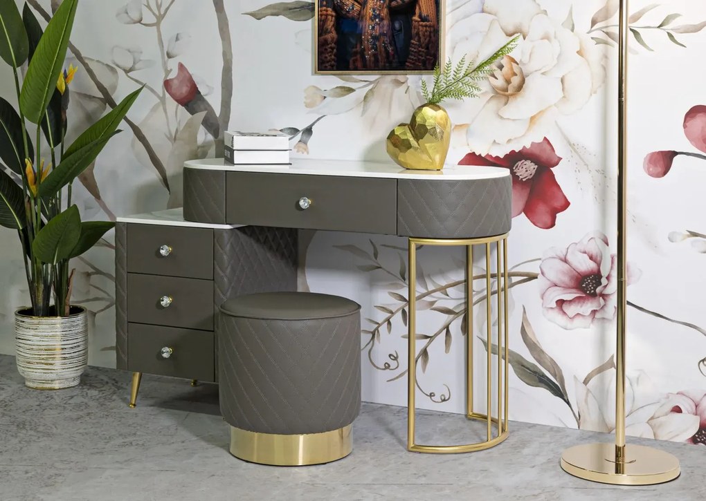 Toaletní stolek Sharon s taburetem ekokůže šedý/zlatý