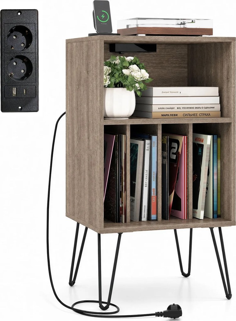 Costway Stojan na gramofon s nabíjecí stanicí Vinylová – šedá