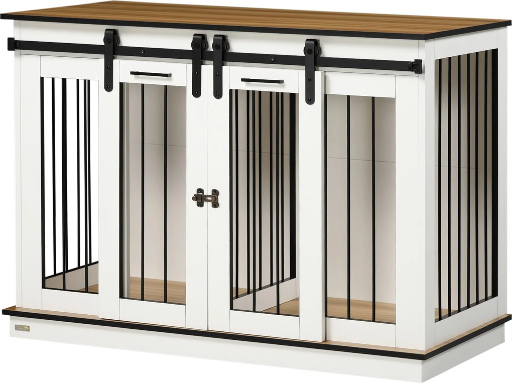 PawHut Psí Kotec s Dvoupokojovou Možností, 2 Dveře Moderní Závodní Kotec pro Ctyřnohé Mazlíčky do 30 kg, Psí Dům 120 x 60 x 88,5 cm Bílý | Aosom