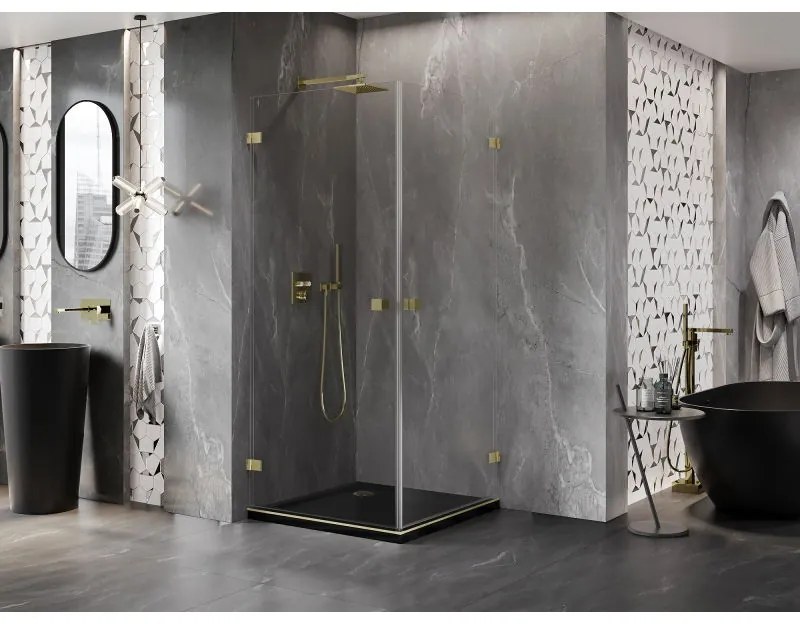Mexen Lunar-B Duo, výklopný sprchový kout 70 x 70 cm, 8mm čiré sklo, zlatý matný profil, 832-070L-070P-55-00