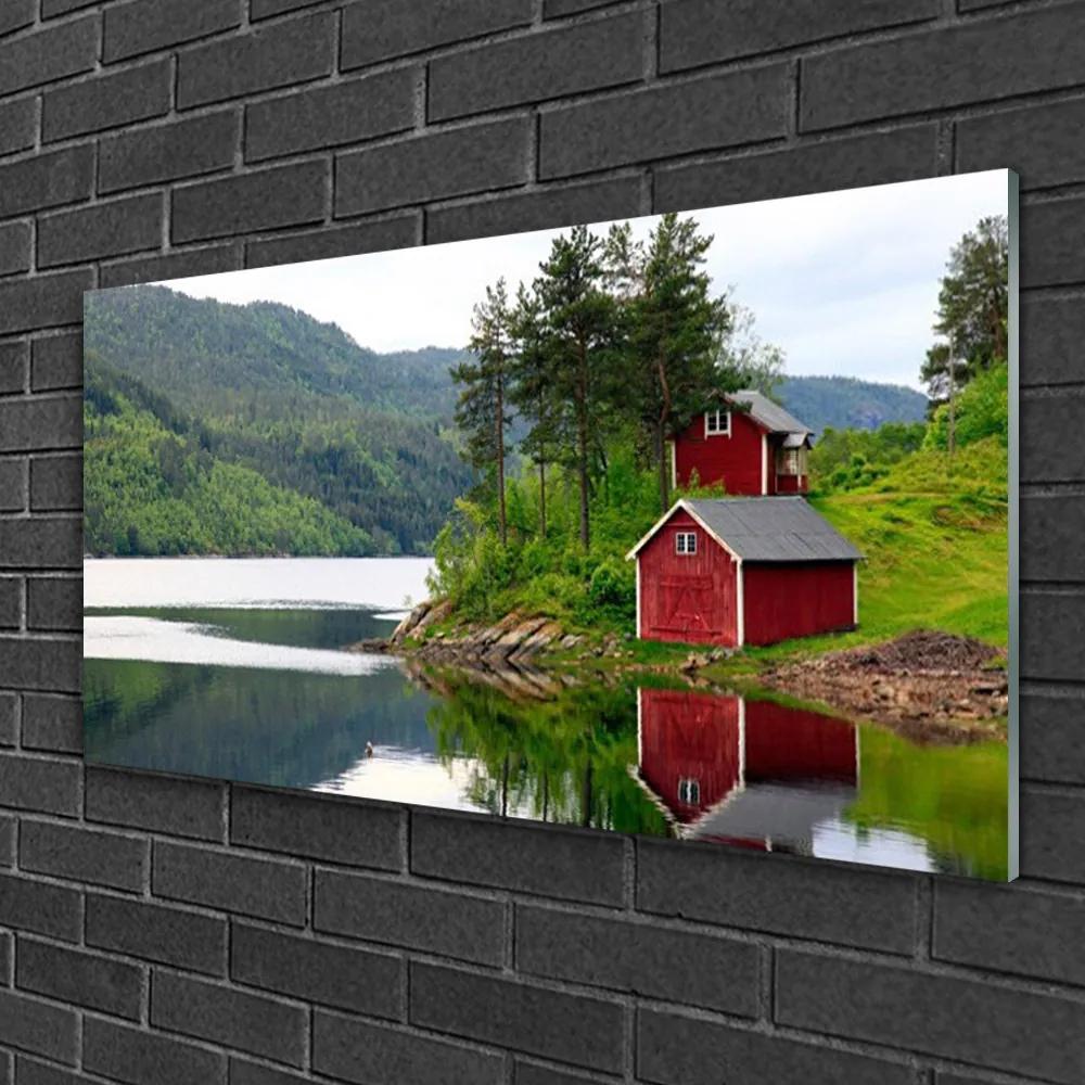 Obraz na skle Hory Dům Jezero Krajina 100x50 cm