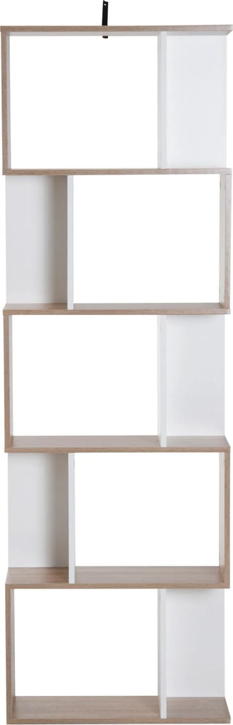 HOMCOM 5-patrová knihovna Dřevěný regál S-tvarovaný Moderní design pro obývací pokoj a kancelář 60x24x184,5 cm Bílá a dřevo