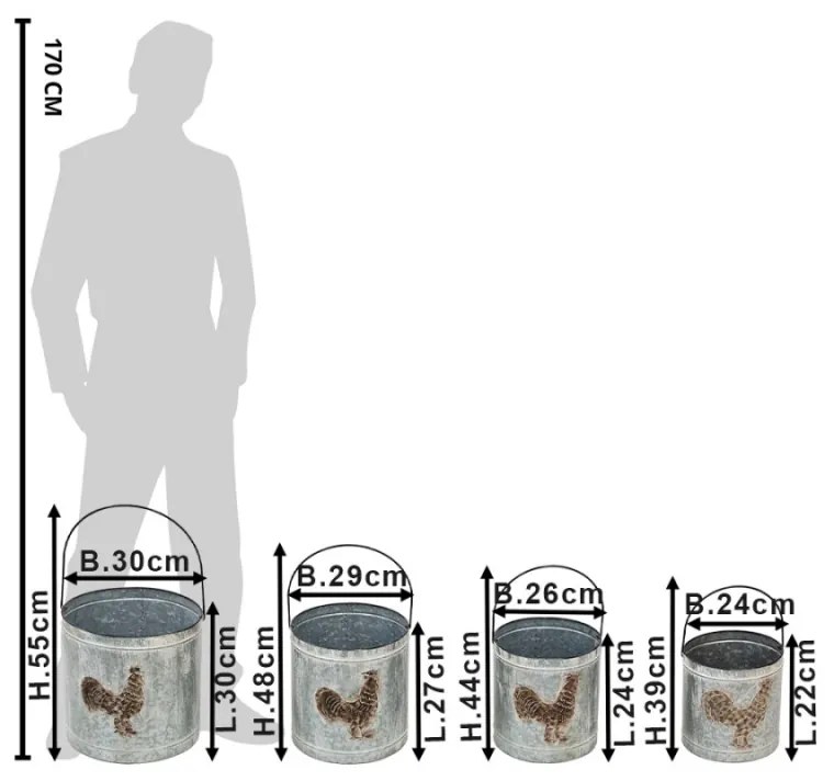 4ks dekorační plechový antik obal na květináč s kohoutky – 30x30/55 /  27x29/48 /  24x26/44 /  22x24/39 cm