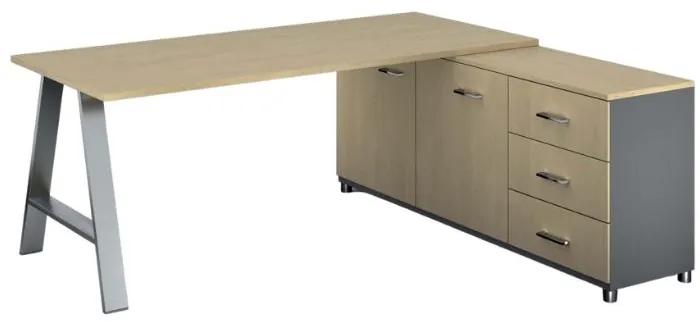 B2B Partner Rohový kancelářský psací stůl PRIMO STUDIO, skříňka vpravo, 1800 x 800 mm, šedá / bříza