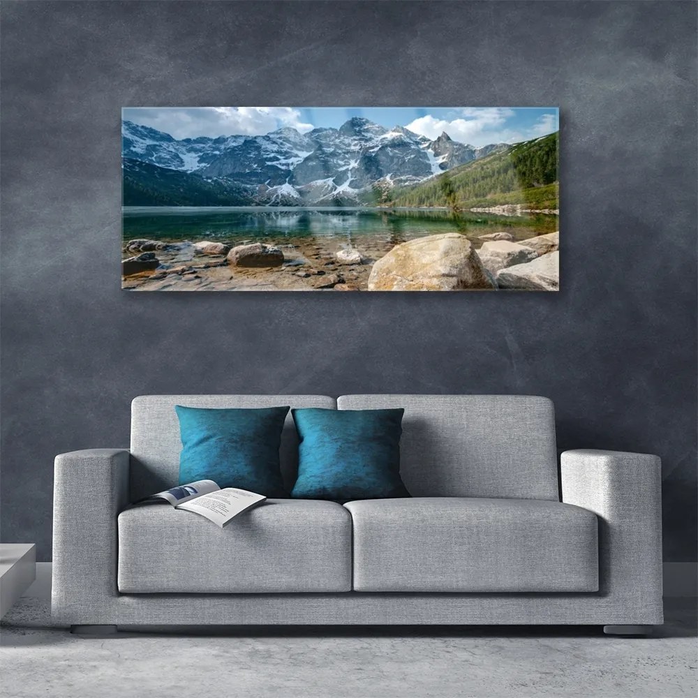 Plexisklo-obraz Hory Les Jezero Kameny 125x50 cm