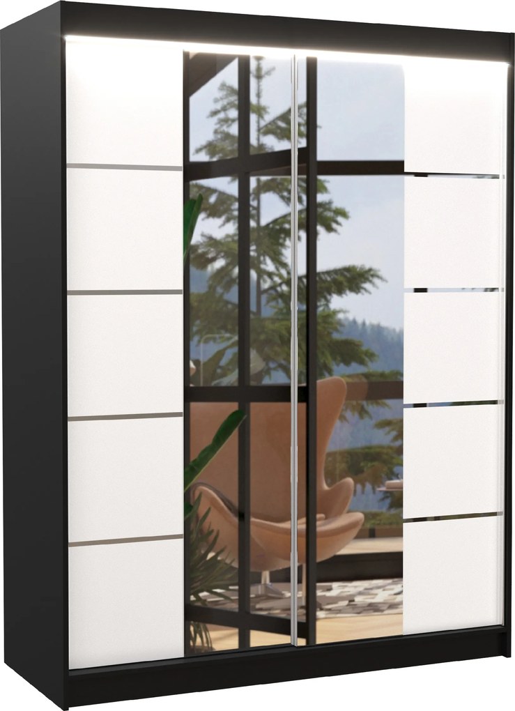 ADRK Furniture Posuvná skříň se zrcadlem a LED osvětlením NORDIC 150 SW-NOR-B+W-150+L-V217