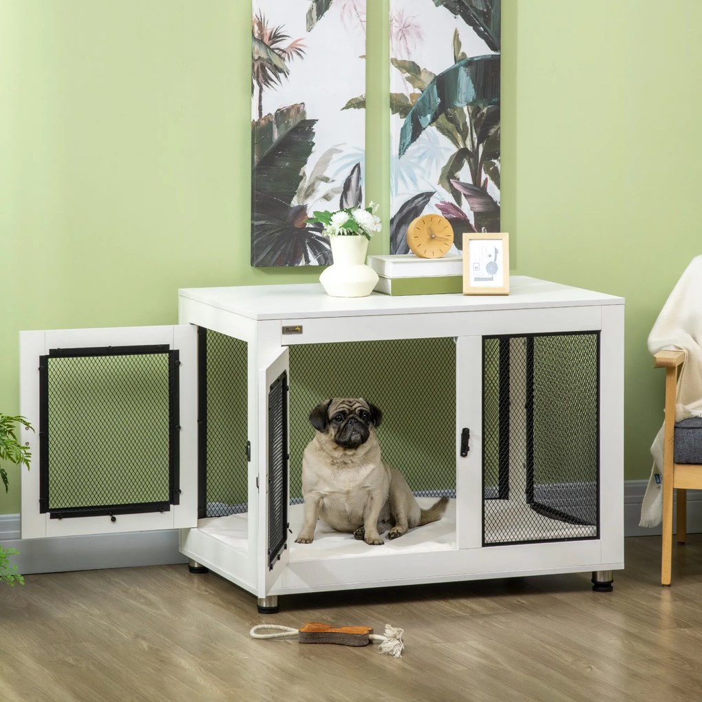 PawHut klec pro psy se stolkem, polštář, 2 dvířka, psí bouda, bouda pro psy, vnitřní box pro psy, boční stolek, bílá+černá, 94 x 60 x 71,5 cm