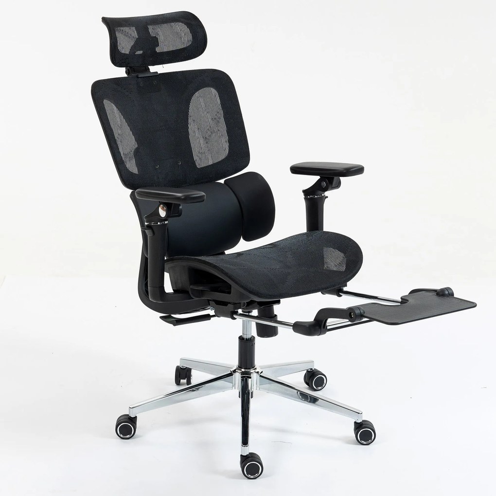 HOMCOM ergonomická kancelářská židle — nastavitelná bederní opora a opěrka hlavy, 5D područky, dělené opěradlo, opěrka nohou, výškově nastavitelná, sk