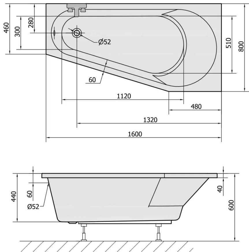 Polysan PROJEKTA R asymetrická vana s konstrukcí 160x80x44 cm, bílá, 21211