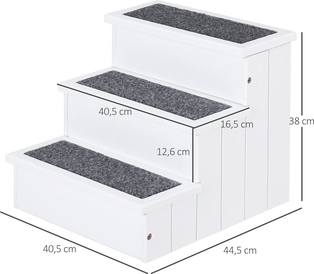 PawHut schody pro psy s kobercem a úložným prostorem, vstupní pomůcka z borovicového dřeva, bílé, 40,5x44,5x38cm pro malé psy | Aosom.de