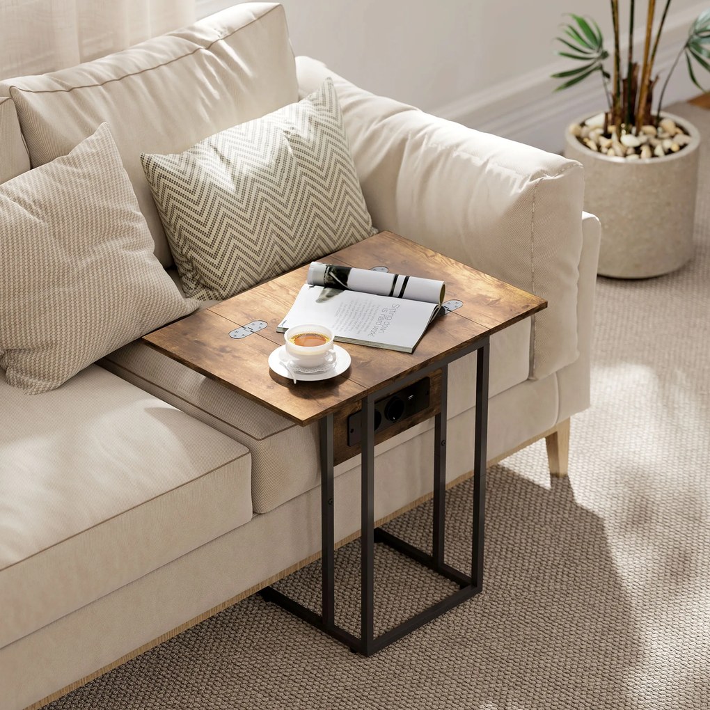 HOMCOM Skládací příruční stolek, nabíjecí stanice s USB porty, kov, 39 x 29 x 57 cm, hnědá