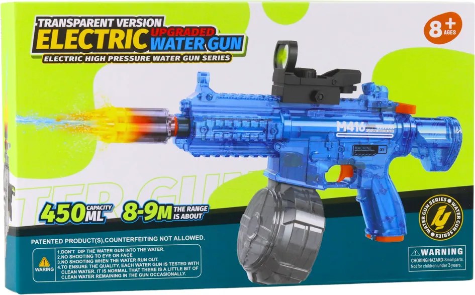 LEAN Toys Elektrická vodní pistole M416 podsvícený zaměřovač 450 ml 8-10 m
