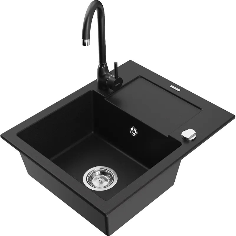 Mexen Enzo, 1-komorový granitový dřez s odkapávačem 58x47 cm a kuchyňskou baterií Telma, černá, 6506-77-670200-70