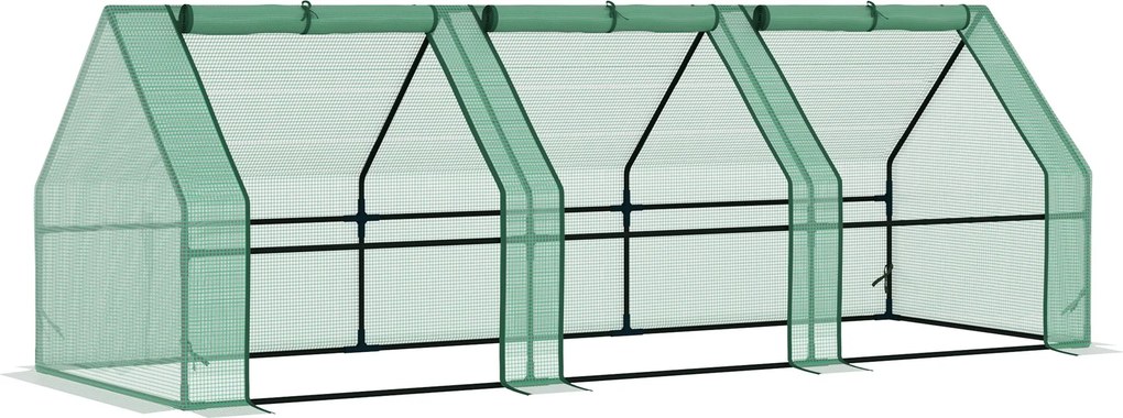 Zelený skleník Outsunny se 3 rolovacími okny, PE síťovou fólií, ocelovým rámem, balkonový skleník, zahradní skleník, 270x90x90 cm, skleník pro rajčata