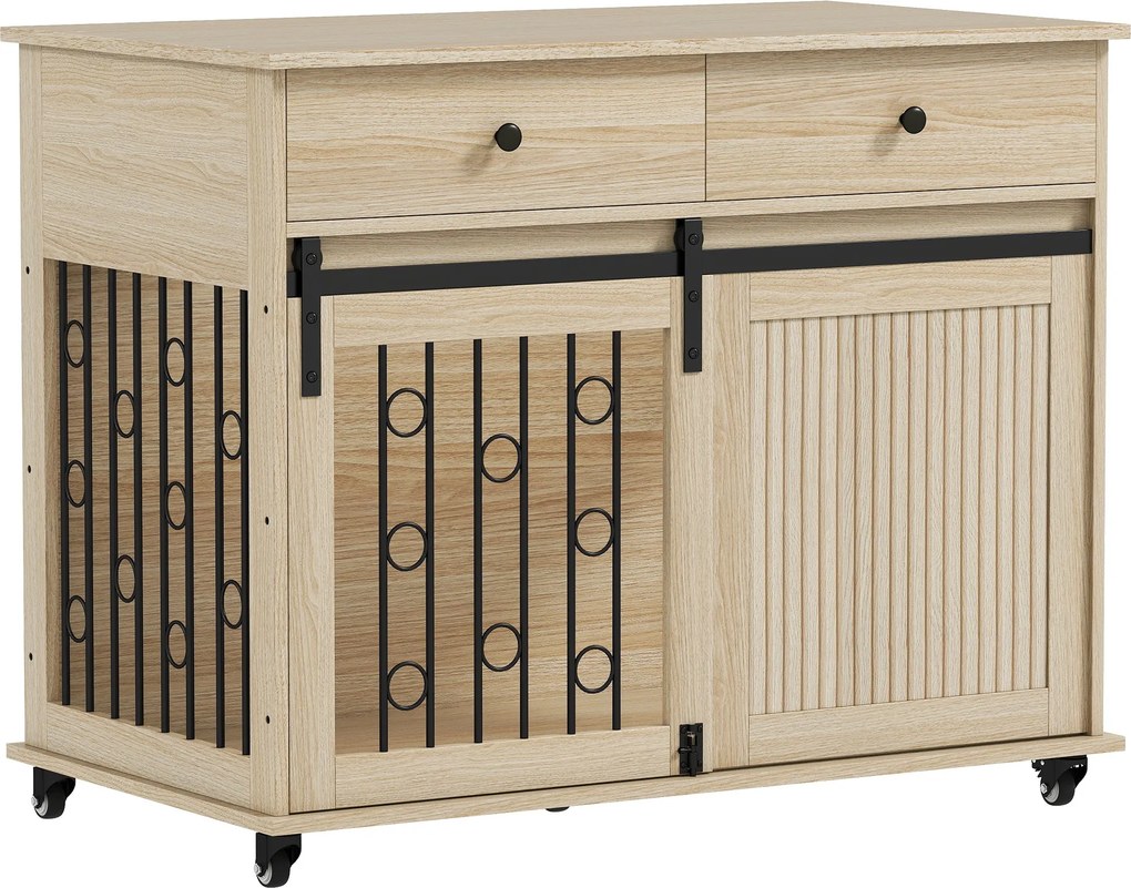 PawHut domácí psí klec 100 × 56 × 81 cm s kolečky, zásuvkou, posuvnými dveřmi a zamykatelným bočním vstupem — dub | Aosom
