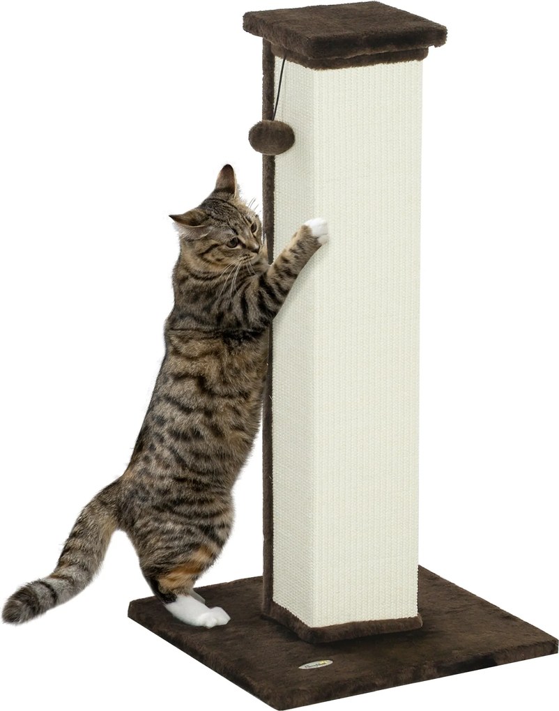 PawHut Škrabadlo pro kočky s výškou 81 cm, škrabka se sisalovým sloupkem a zavěšenou kuličkou 41x41x81 cm Hnědá | Aosom
