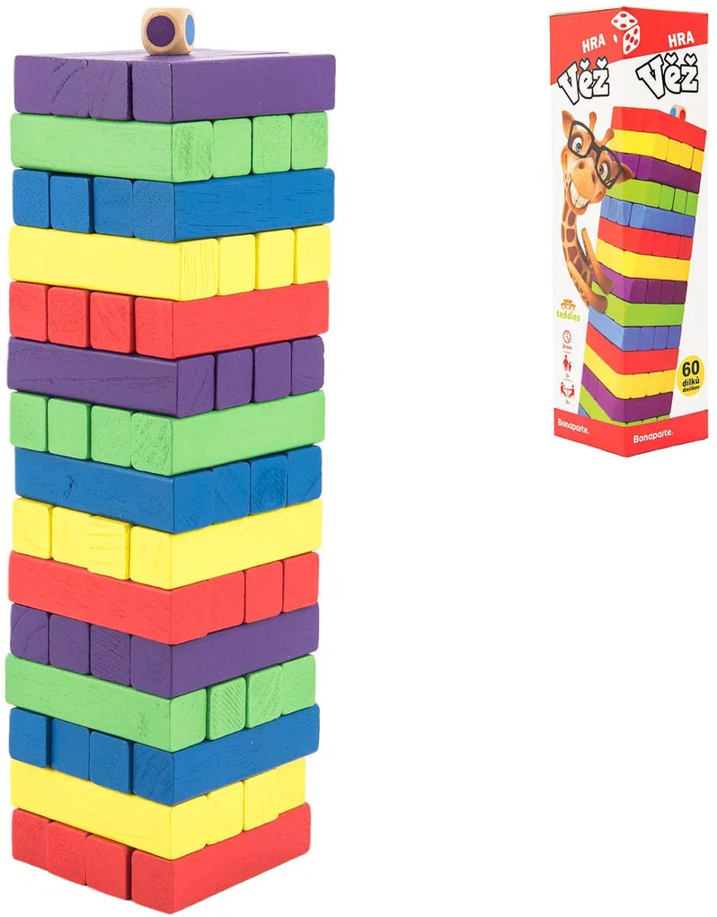 BONAPARTE DŘEVO Hra věž Jenga barevná 60 dílků *SPOLEČENSKÉ HRY* bn99897