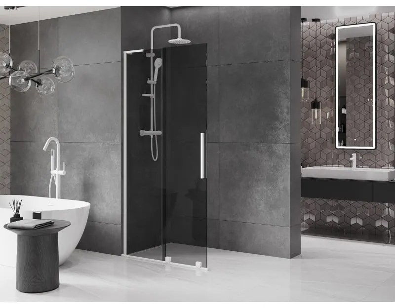 Mexen Velar L, posuvná sprchová zástěna Walk-in 100 x 200 cm, 8mm šedé sklo, bílá matná, 871-100-003-43-20
