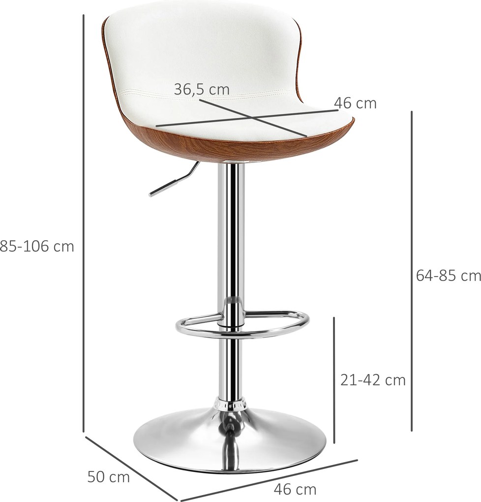 HOMCOM Sada 2 moderních barových židlí s nastavitelnou výškou sedáku 64-85 cm, otáčecí 360° s umělým potahem - Krémová imitace dřeva