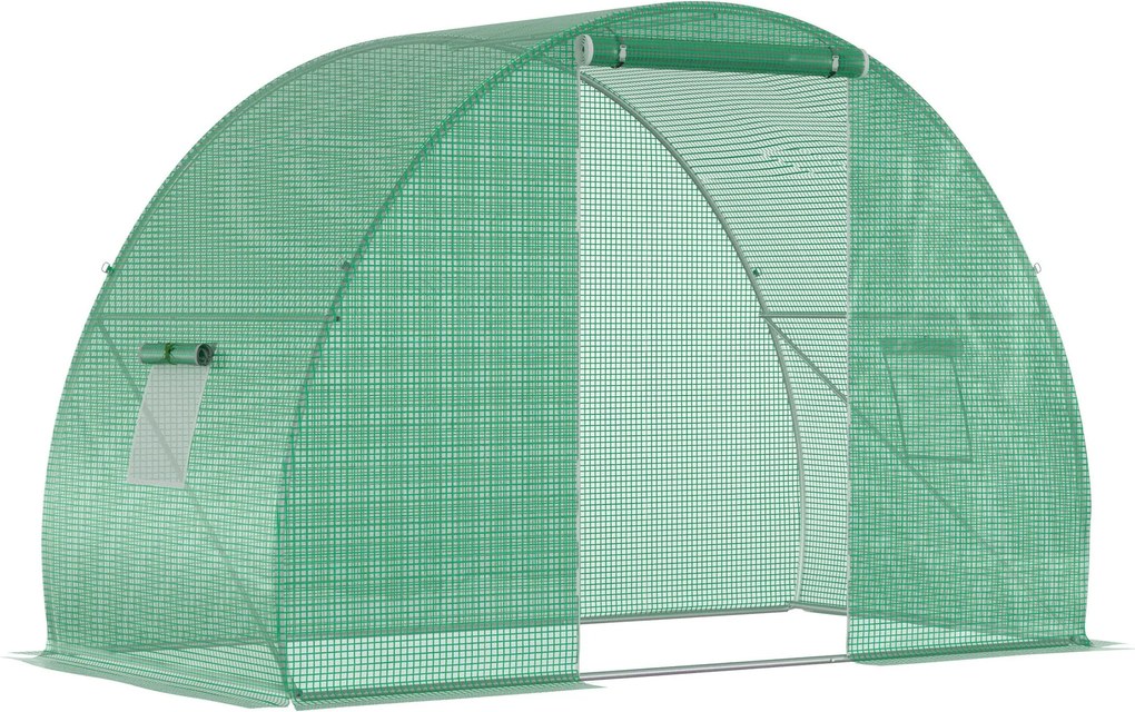 Zimní skleník Outsunny s tunelovým designem, plocha 4,5 m², rozměry 3L x 1,5W x 2H m, vyztužený rám, zipové dveře, 2 okna pro ventilaci, zelený | Aoso
