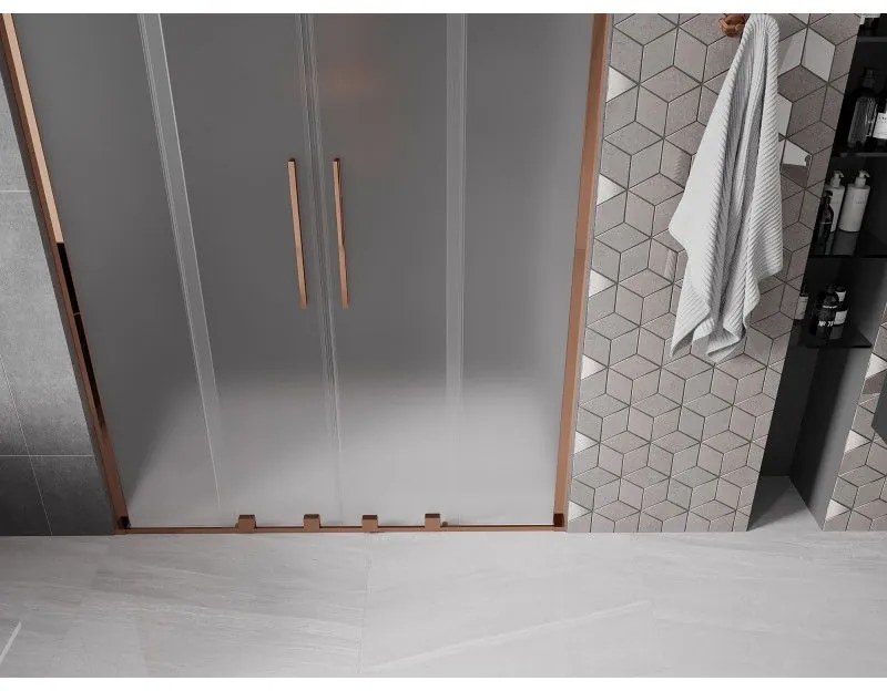 Mexen Velar L Duo, posuvné sprchové dveře do otvoru 150 cm, 8mm sklo námraza, růžové zlato, 871-150-003-32-60