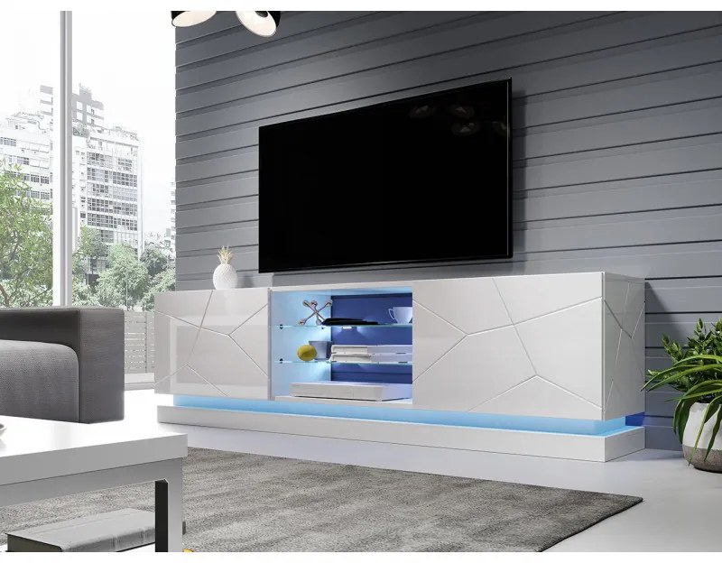 Televizní stolek s LED RGB osvětlením 200 cm LIMA - bílý / lesklý bílý