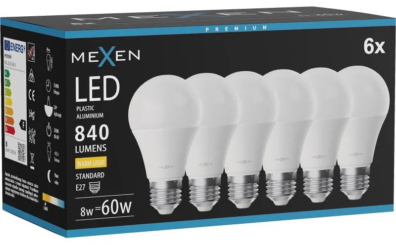 Mexen Nova 6x LED žárovka E27, A60, 8W, Teplá - 3000K, 840 lm - L100-E27-0830-01x06