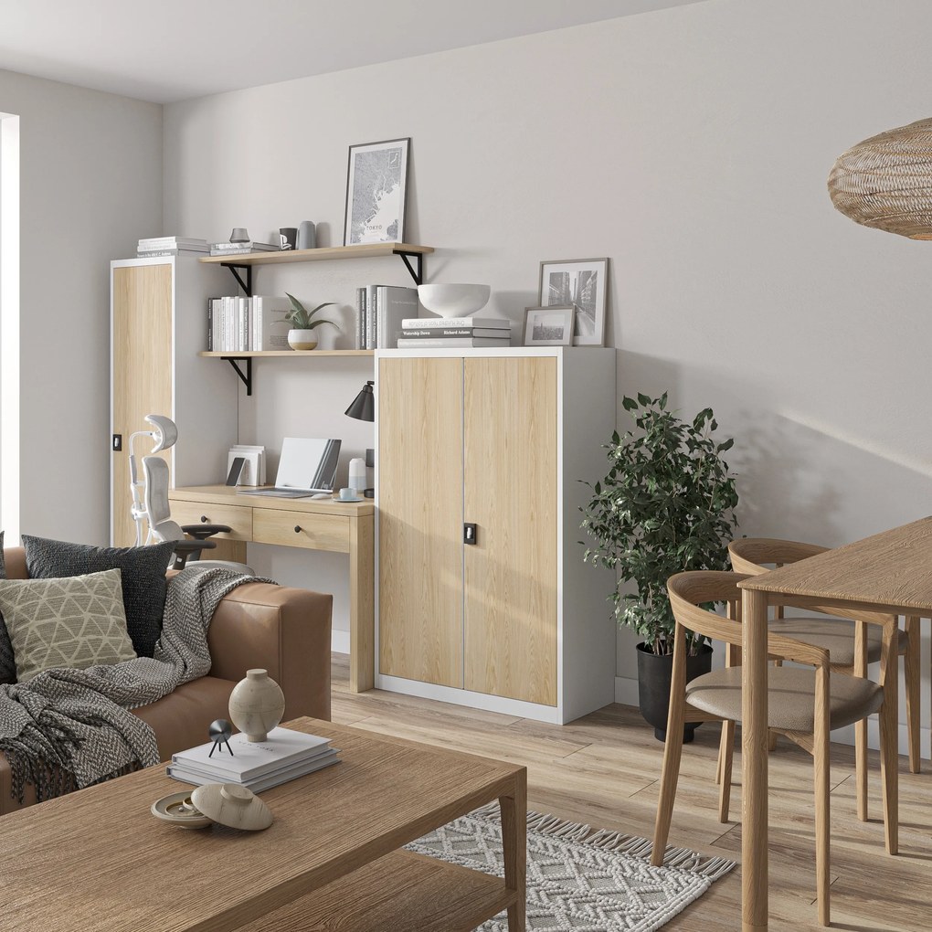 Nízká kovová kancelářská skříň se 3 policemi, bílá/dub sonoma, 900x1400x400 mm: KEVIN Eco Design