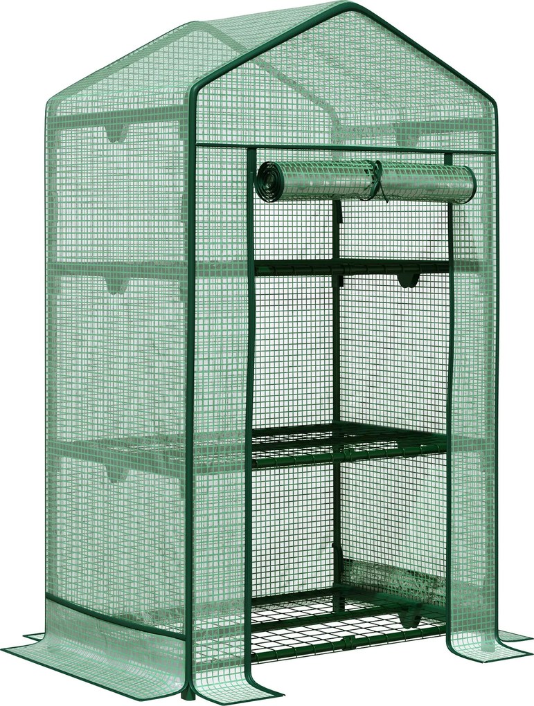 Mini skleník Outsunny s fóliovým krytem a 3 policemi, rolovací dvířka, zeleninový záhon v zelené barvě 69 x 49 x 125 cm pro milovníky zahrady