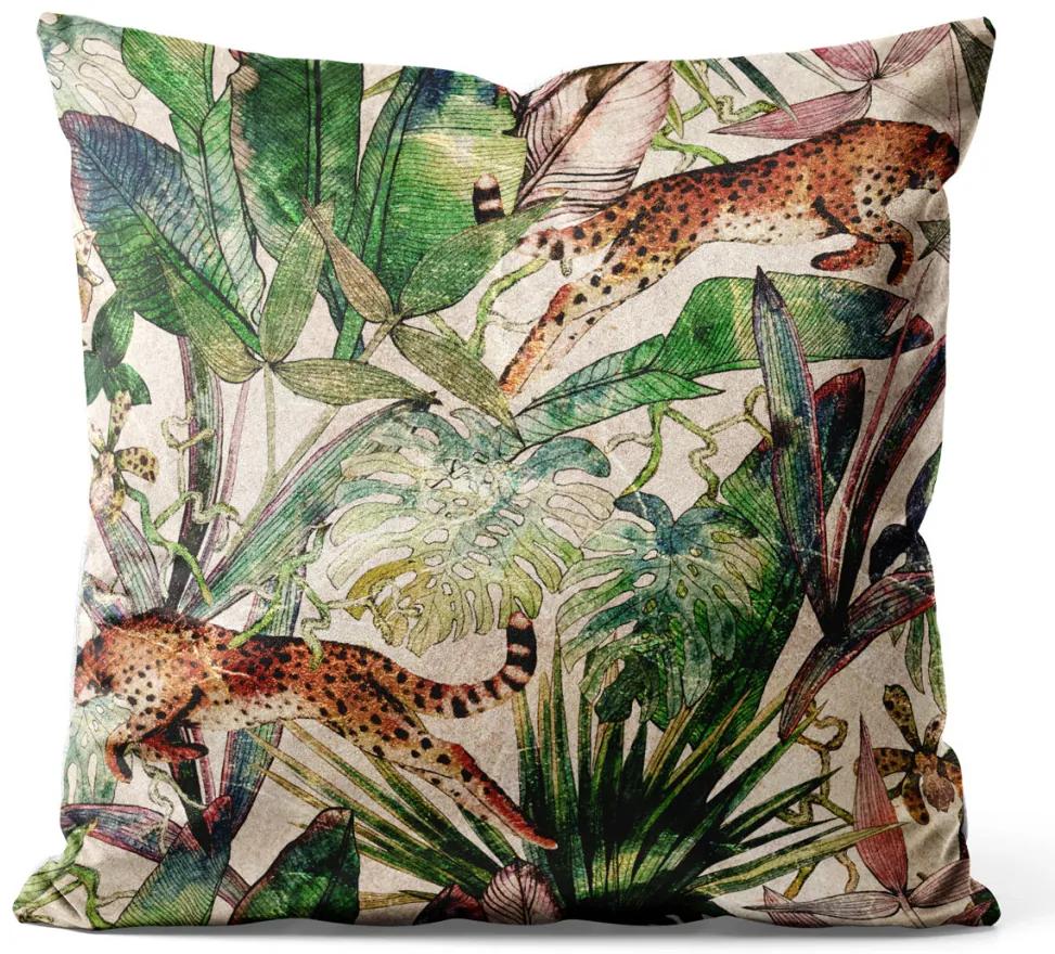 Dekorační velurový polštář Pergamen ze savany - tropická vegetace a gepardi na béžovém pozadí welurowá