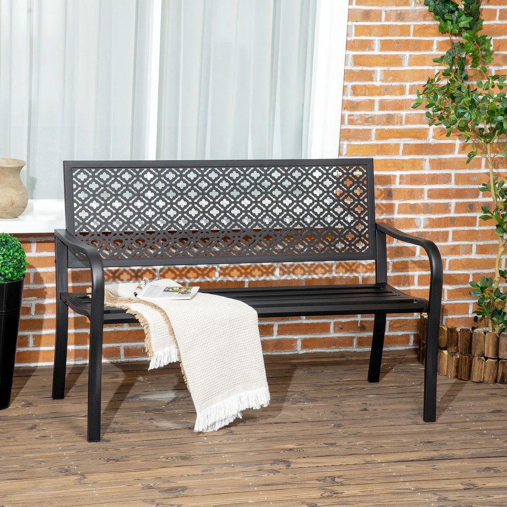 Zahradní lavička Outsunny 2místná lavička s opěradlem a područkami, ocel, max. 240 kg, květinový vzor, černá, 127 x 63 x 83 cm pro zahradu a terasu |…