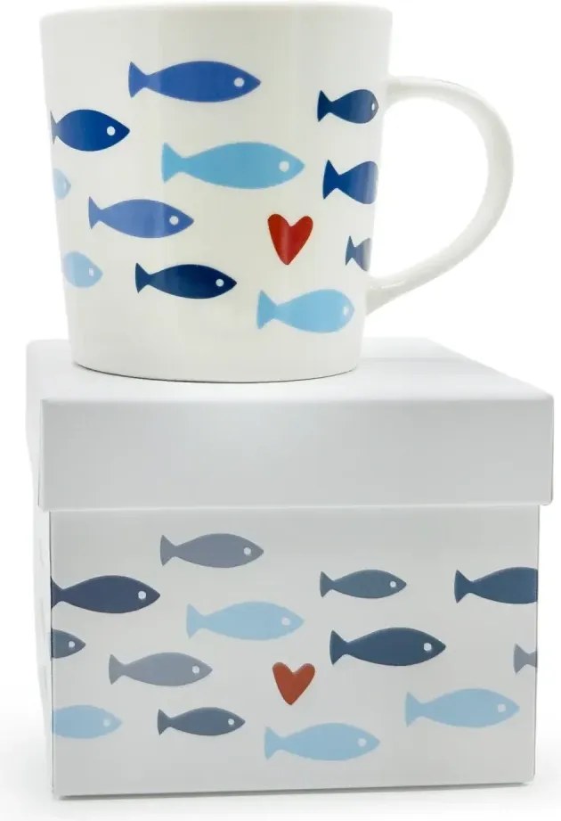 Porcelánový hrnek Hejno, 400 ml – minimalistický motiv ryb, dárek pro milovníky moře