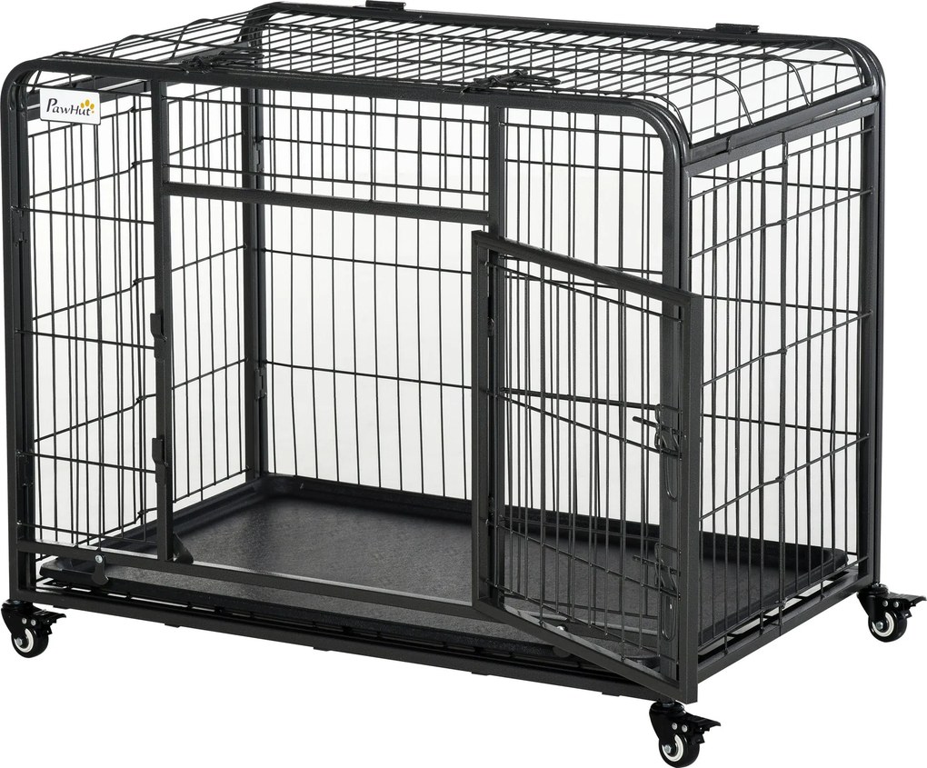 Skládací přepravní klec PawHut pro psy na kolečkách s 2 zamykatelnými dveřmi a odnímatelným podnosem 94L x 58W x 69.5H cm Metal Šedá Černá | Aosom