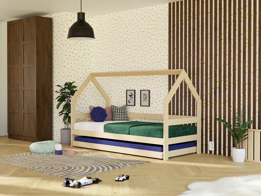 Benlemi Dětská dřevěná postel domeček SAFE 3v1 se zábranou a přistýlkou Zvolte barvu: Pastelově růžová, Zvolte rozměr: 90x200 cm, Zvolte zábranu: S otevřeným vstupem